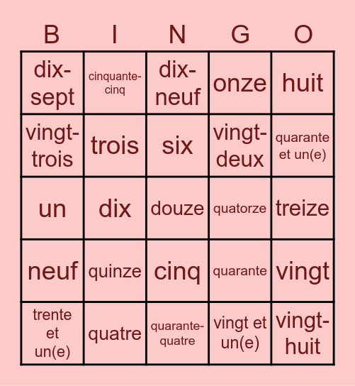 Numéros 0 à 60 (en français) Bingo Card