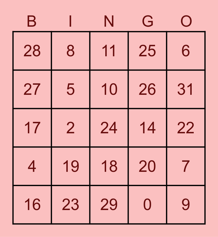 Numéros 0 à 31 Bingo Card