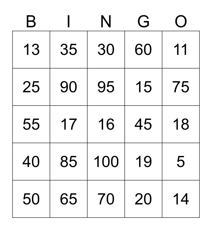 Siffror 11 - 19, 5 och 10 tal Bingo Card