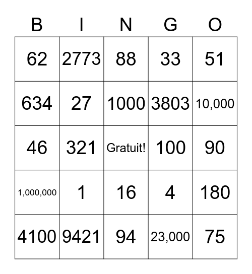 Les Nombres Bingo Card