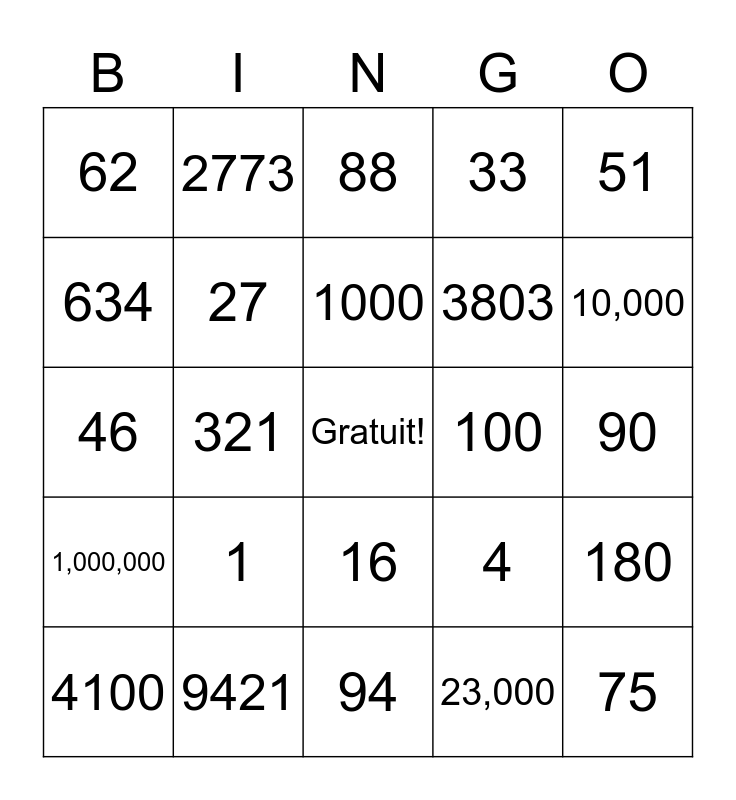 Les Nombres Bingo Card