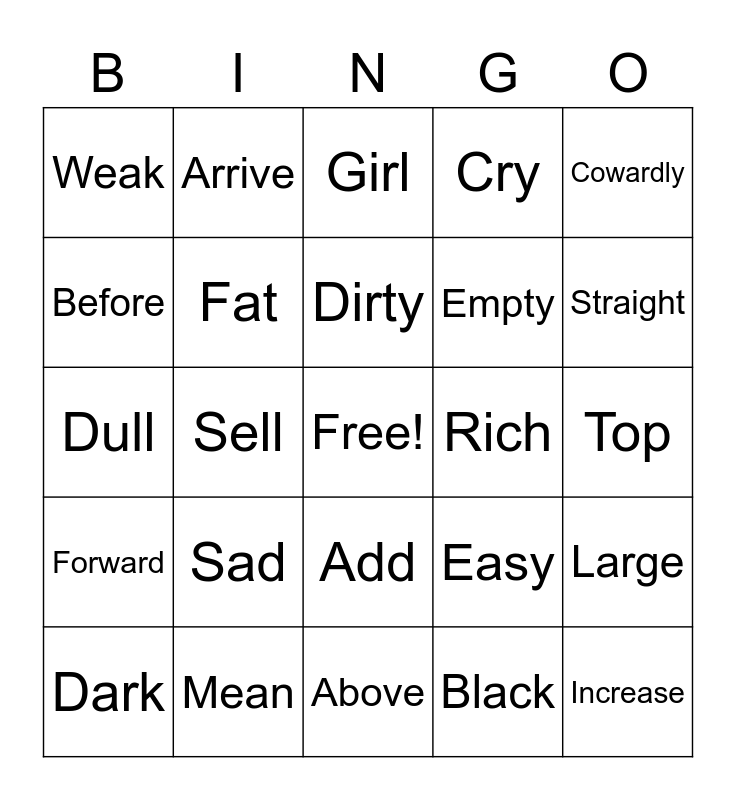 Antonym Bingo Card