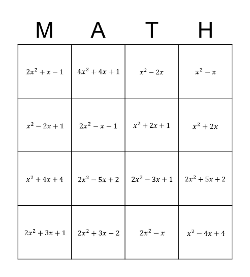 Multiplying Polynomials Bingo Card