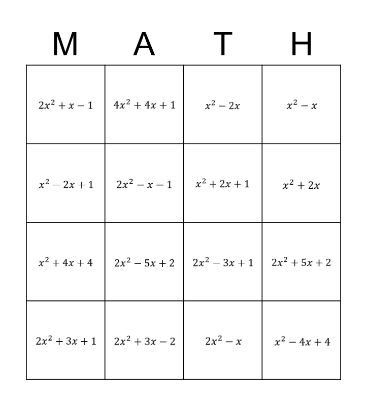 Multiplying Polynomials Bingo Card