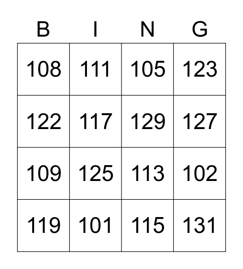 3 Digit Numbers Bingo Card