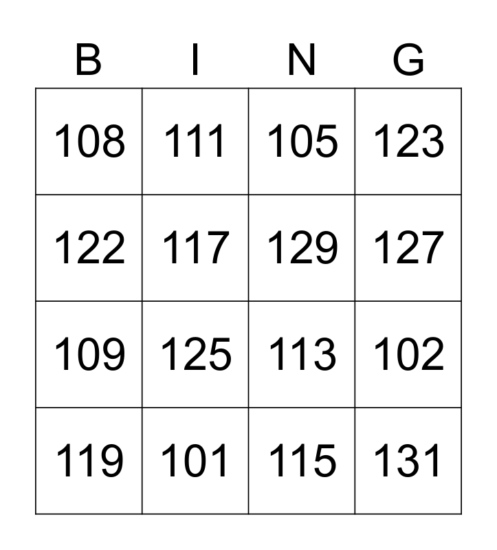 3 Digit Numbers Bingo Card