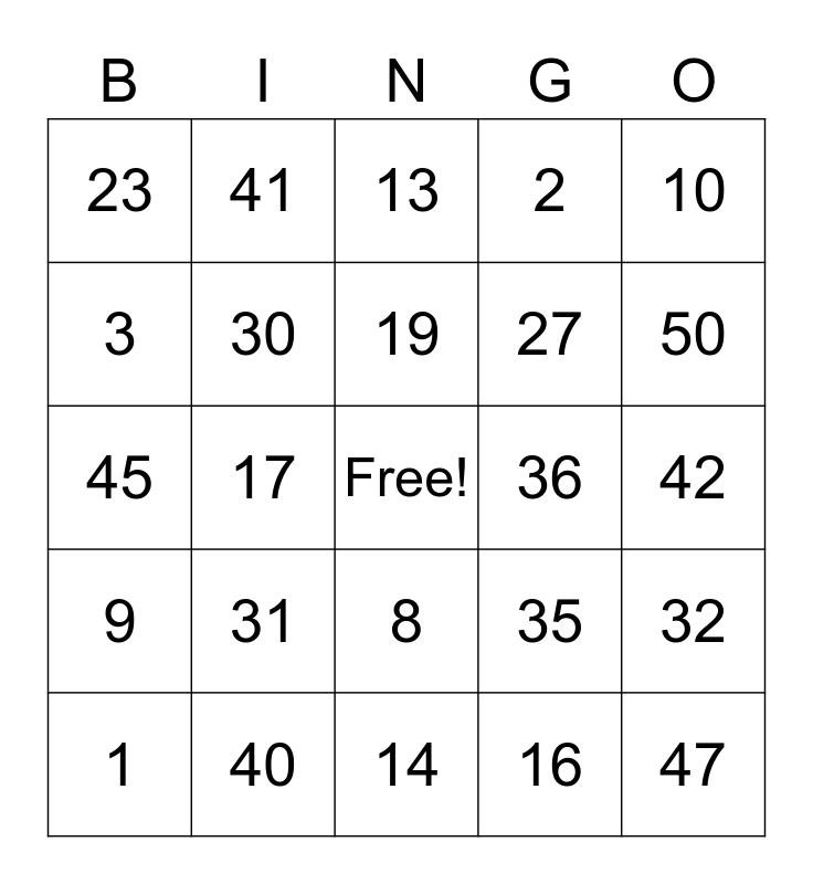 Numbers 1-50 Bingo Card
