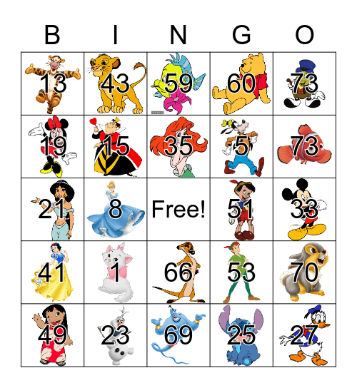 Disney Character Bingo Card