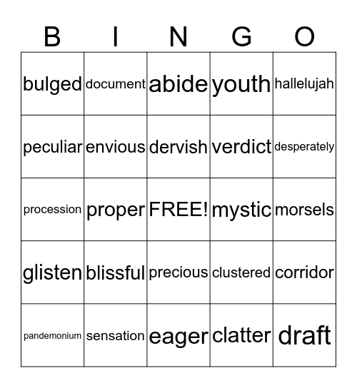 Willy Wonka Vocab Bingo Chapters 11-17 Bingo Card