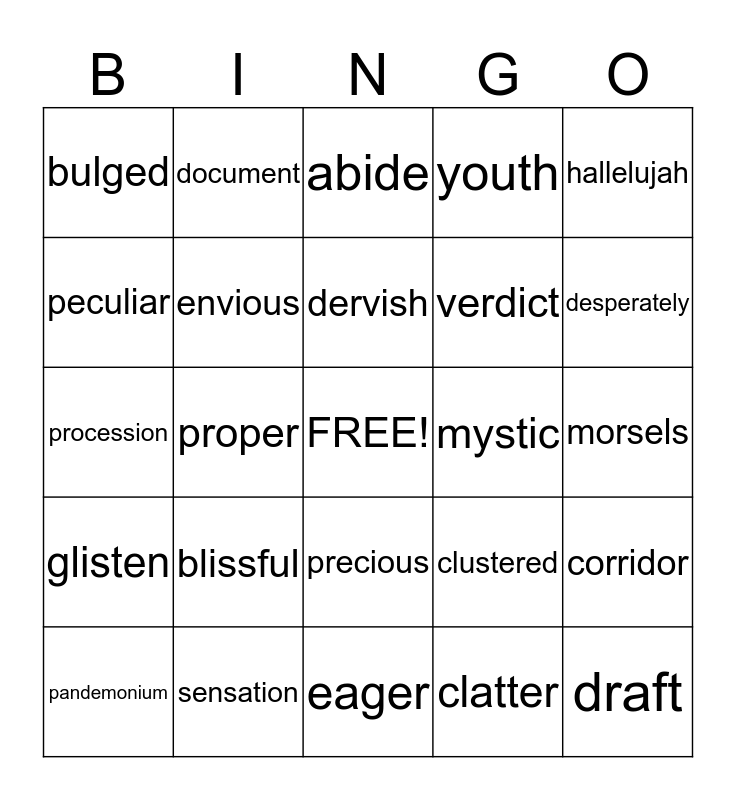 Willy Wonka Vocab Bingo Chapters 11-17 Bingo Card