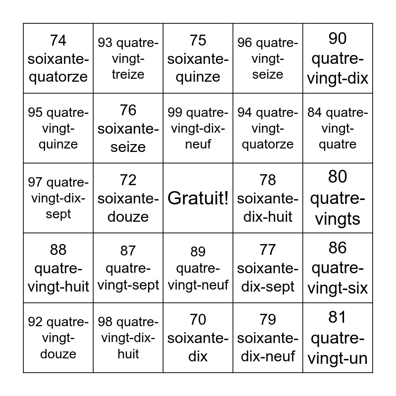 70-100 Bingo Card