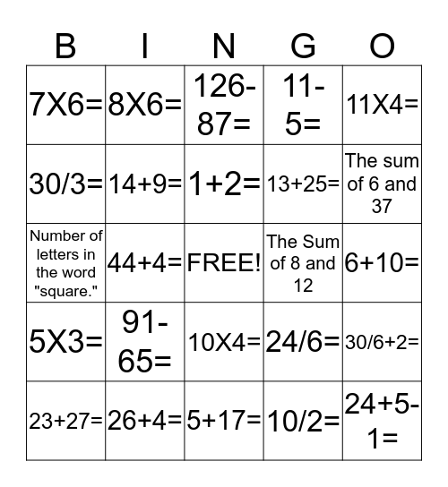 Addition Bingo Card