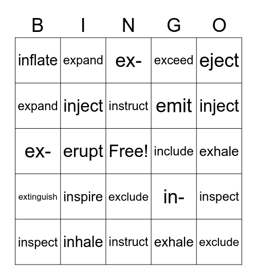 Prefix: In-, E-, Ex- Bingo Card