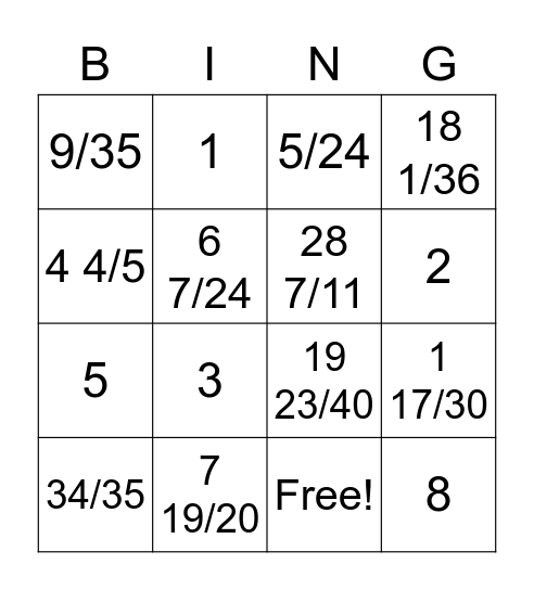 Fraction Operation Bingo Card
