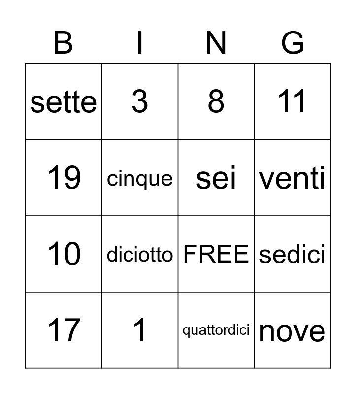 i numeri italiani Bingo Card