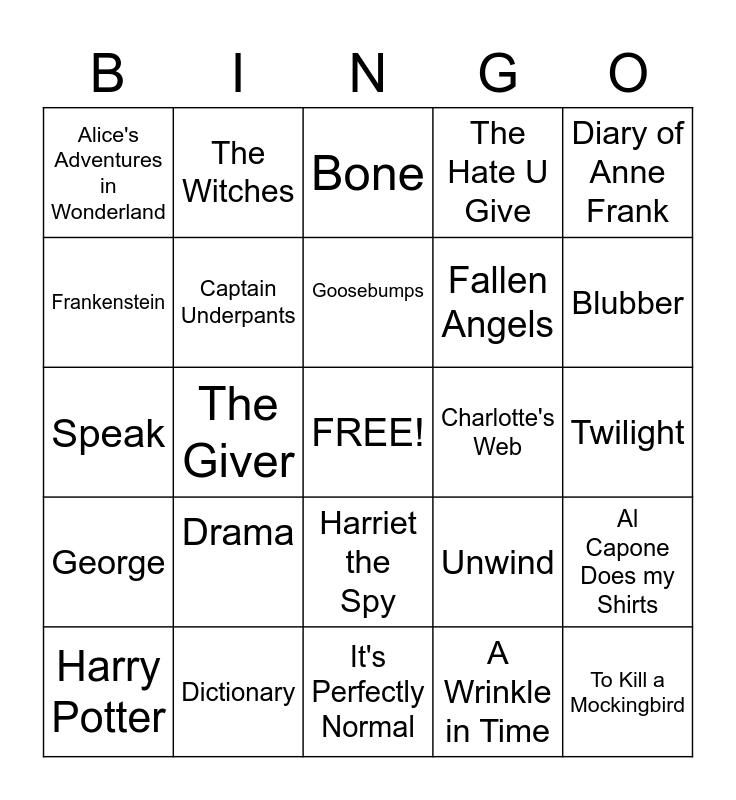 Banned Books Bingo Card