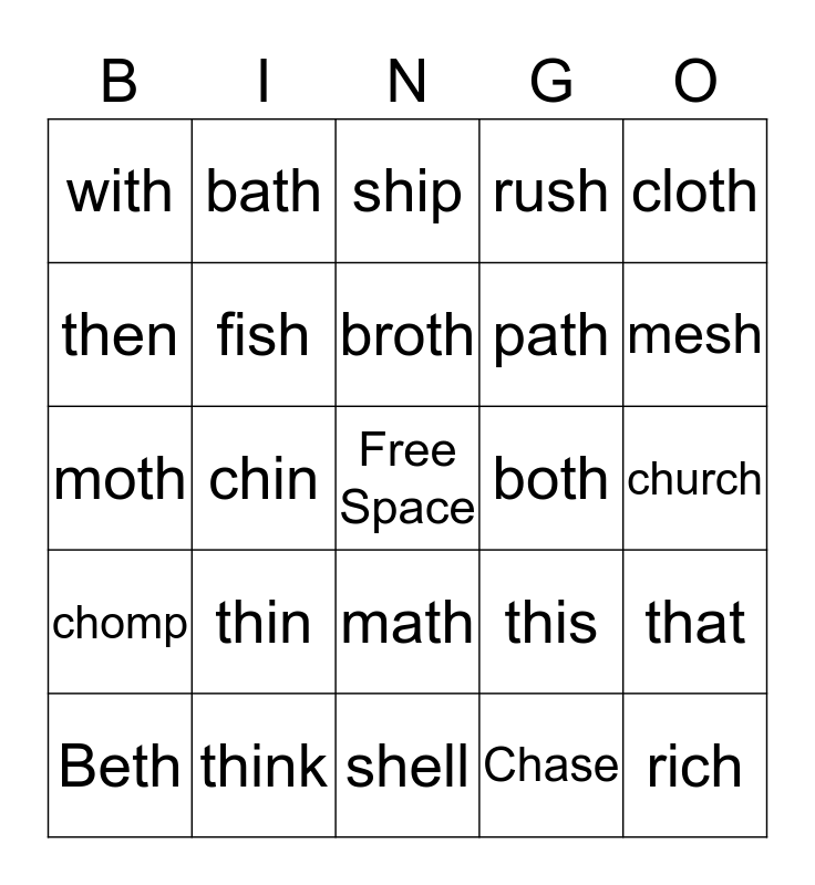 Digraphs -th, -sh, and -ch words Bingo Card