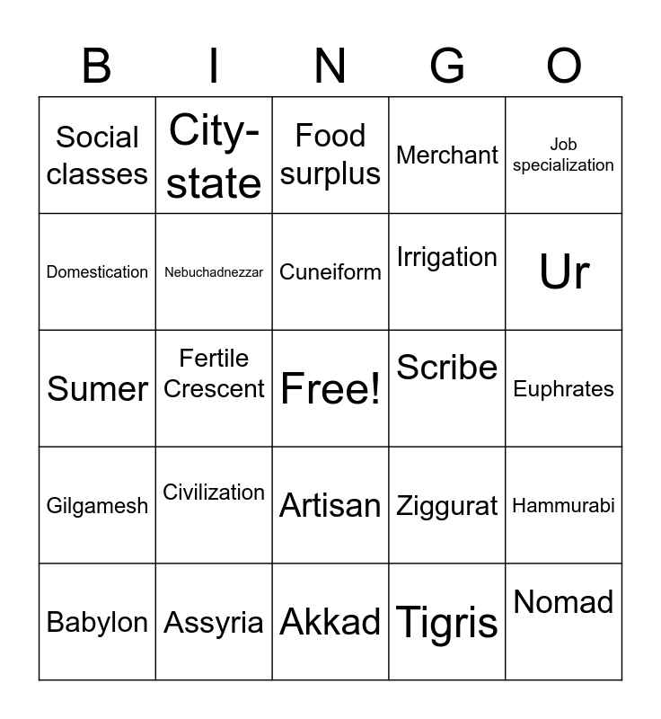 Ancient Mesopotamia Bingo Card