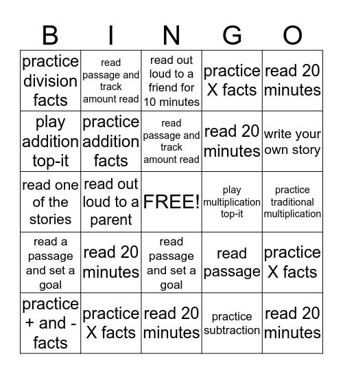 Summer practice bingo!! Bingo Card
