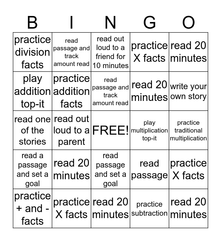 Summer practice bingo!! Bingo Card