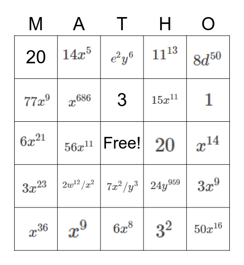 EXPONENTS Bingo Card