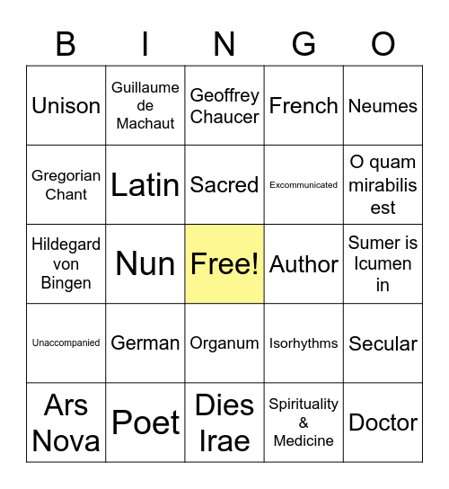Medieval Bingo Card
