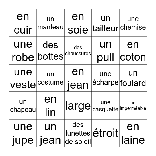 Des Vêtements Bingo Card