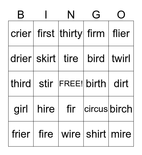 ire/ir Words Bingo Card