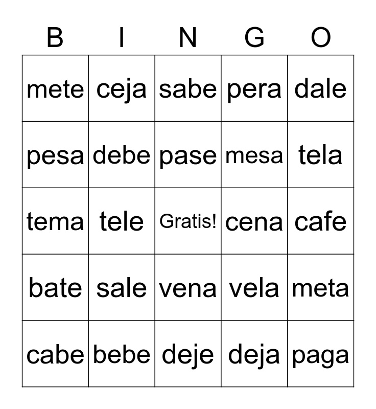Palabras de Silabas con e Bingo Card