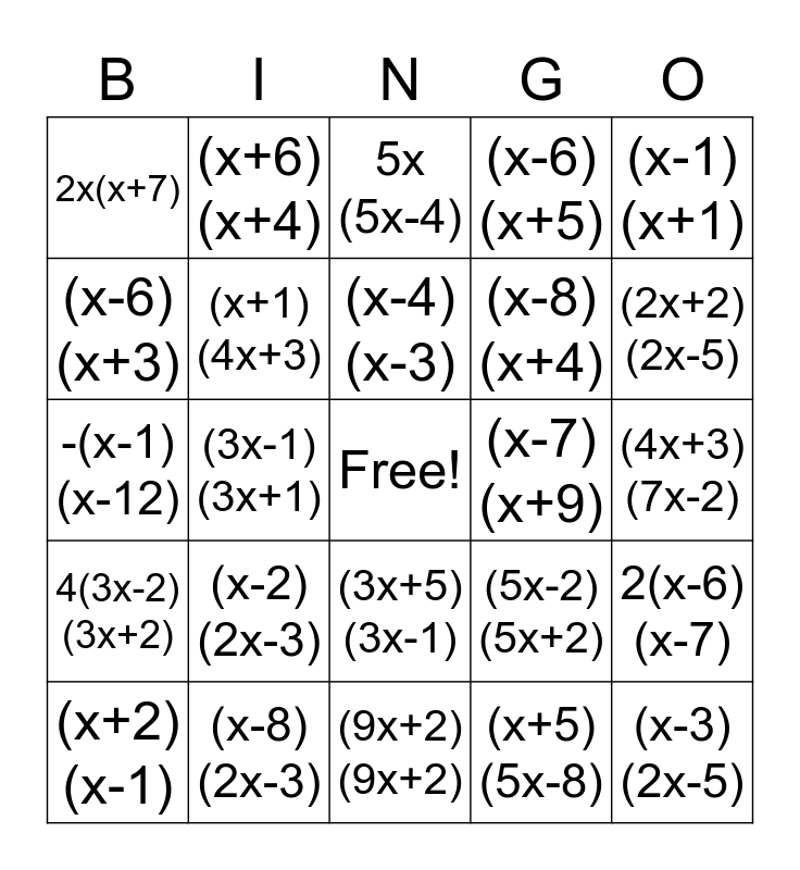 Factoring Bingo Card