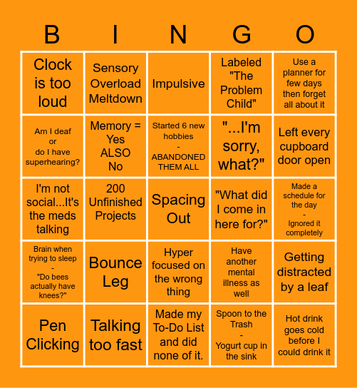 ADHD Bingo Card