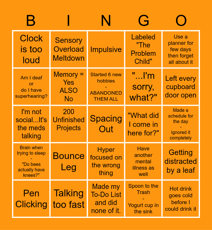 ADHD Bingo Card