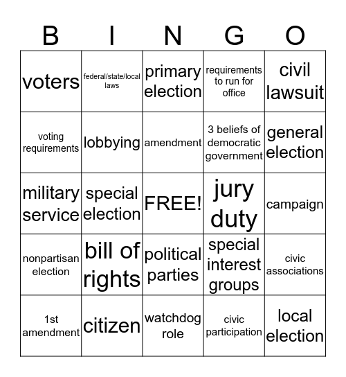 Unit 9: Citizen Rights and Responsibilities Bingo Card