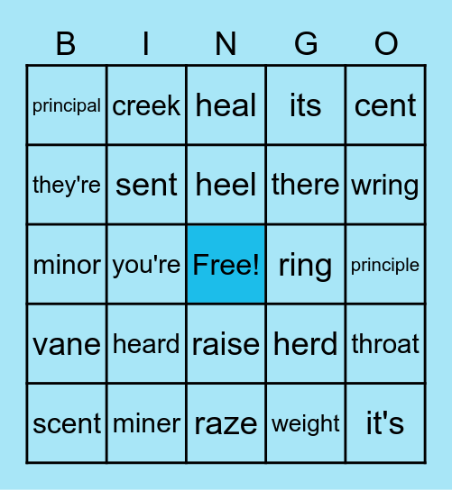 Homophone Bingo Card