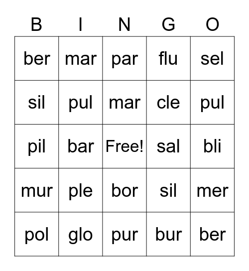 silabas trabadas Bingo Card