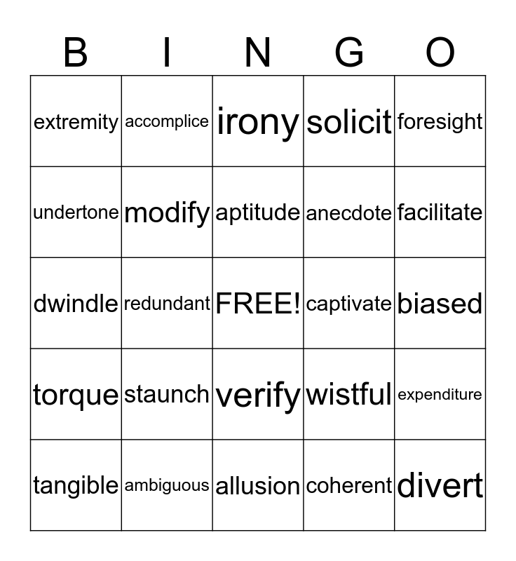 vocabulary bingo lists 11-15 Bingo Card