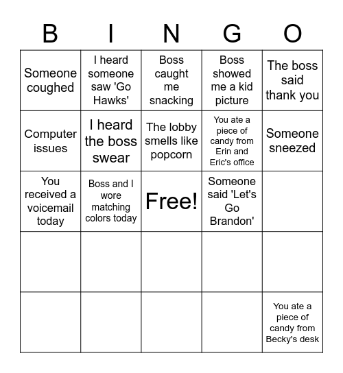 Boss's Day Bingo Card