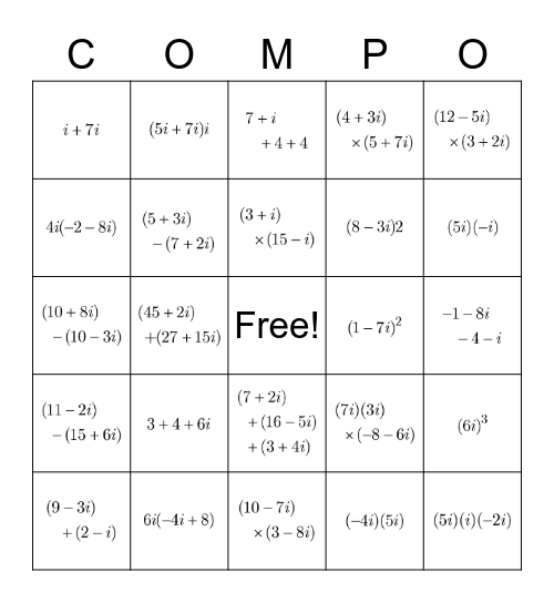 Complex Number Type 1 Bingo Card