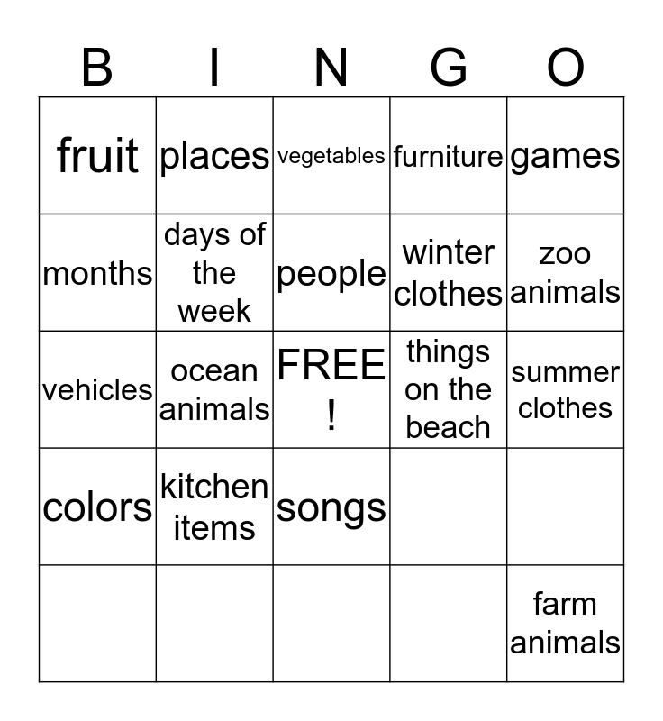 Categories Bingo Card