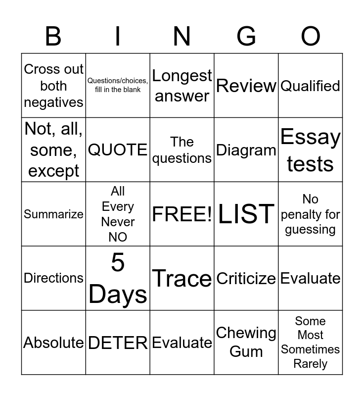 Test Taking Skills Review Bingo Card
