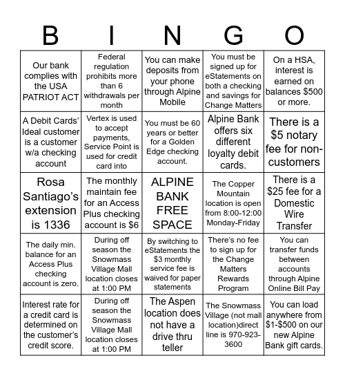 Super Fun Bank Bingo Card