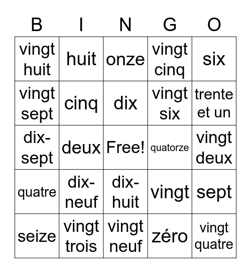 Les nombres Bingo Card