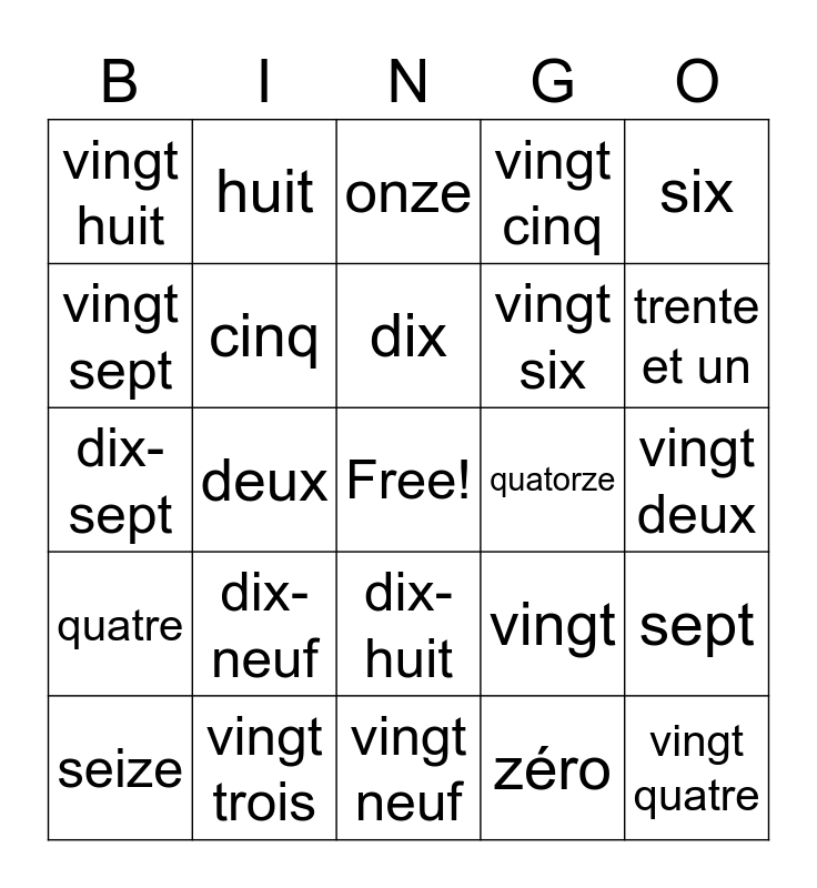 Les nombres Bingo Card
