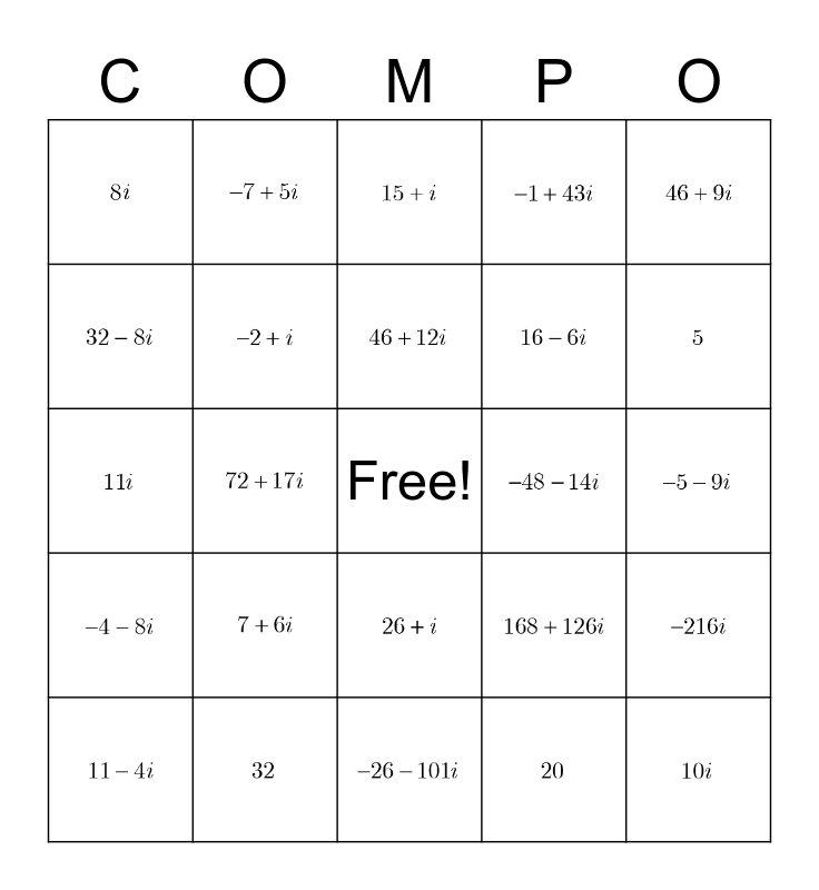 Complex Numbers Type 2 Bingo Card