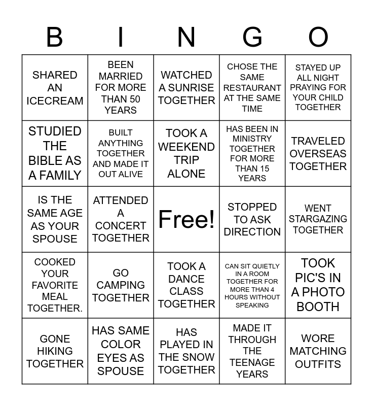 Couples Bingo Card
