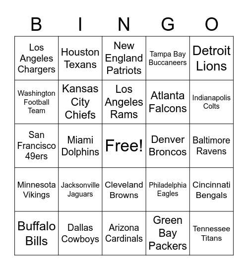 NFL Bingo Card