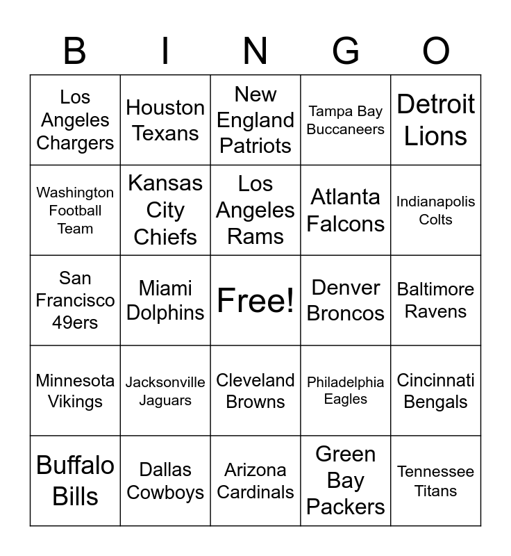 NFL Bingo Card