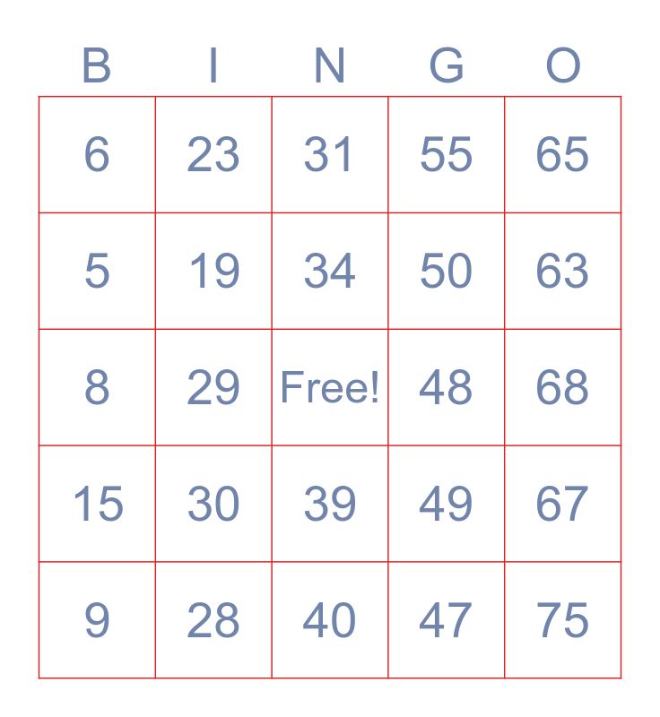 Number Bingo 1-75 Bingo Card