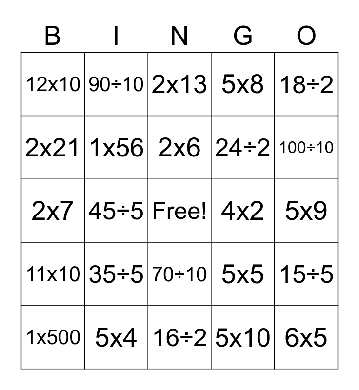 Multiplication and Division Bingo Card