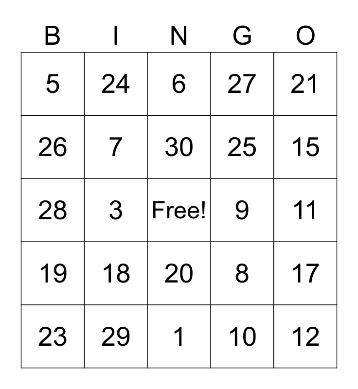 French Numbers 1-31 Bingo Card
